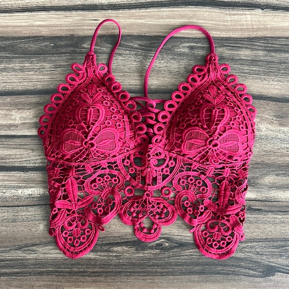 Tops | 225 Red Strappy Open Back Embroidered Lace Crop Top Bra With ...